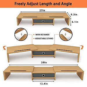 WESTREE Dual Monitor Stand Riser with Drawer-Monitor Stand Riser for 2 Monitors, Adjustable Length and Angle, 2 Phone Hold,Desktop Organizer Stand for Computer/Laptop/PC/Printer
