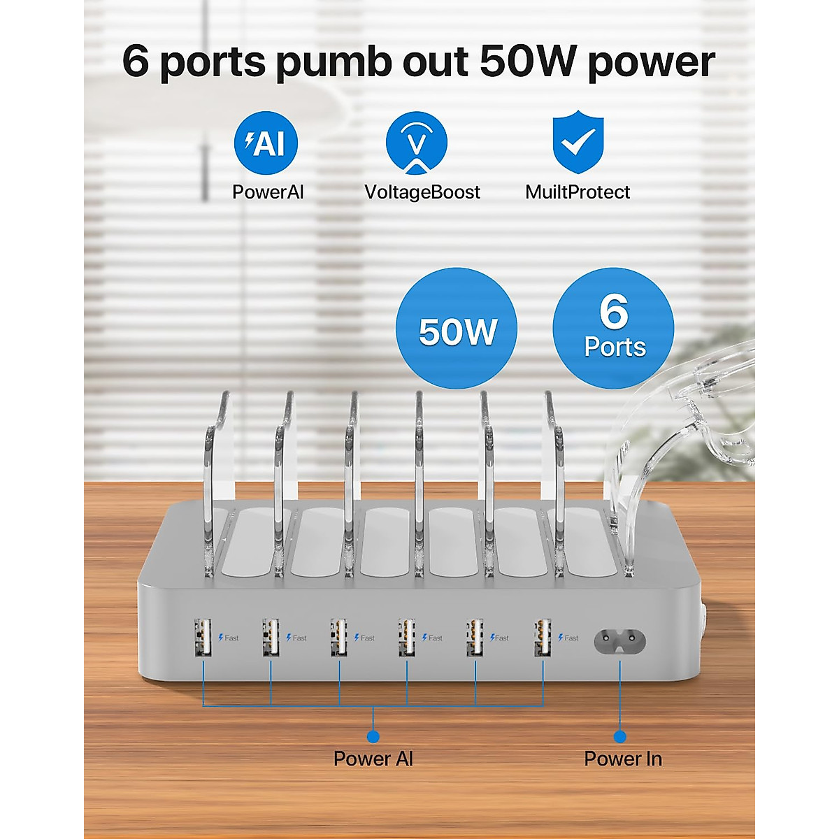 SooPii Premium 6-Port USB Charging Station Organizer for Multiple Devices, 6 Short Charging Cables and One Upgraded i-Watch Charger Holder Included, for Phones,Tablets and Other Electronics, Silver