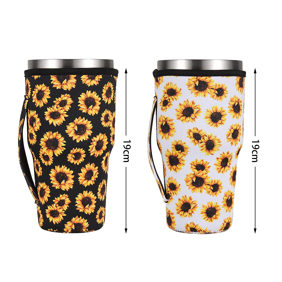 2 Pieces Reusable Iced Coffee Cup Sleeve Neoprene Cup Insulator Sleeve Cup Cover Insulated Sleeves Drinks Sleeve Holder for 30 oz Cold Hot Beverages, 2 Styles（Sunflower）