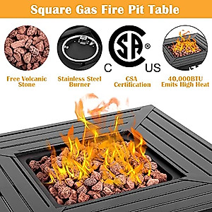 Gas Fire Pit Table, hOmeHua 28 inch Square Auto-Ignition Outdoor Propane Firepit with Cover and Lava Rock,Thick & Strong Striped Steel Tabletop,2 in 1 Fire Table for Patio/Backyard/Party/Deck (Black)