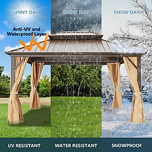 LATTOY 12'x14' Permanent Hardtop Gazebo, Outdoor Galvanized Steel Double Roof Pavilion Pergola Canopy with Aluminum Frame and Privacy Curtains for Garden Patio,Patio Backyard,Deck and Lawns