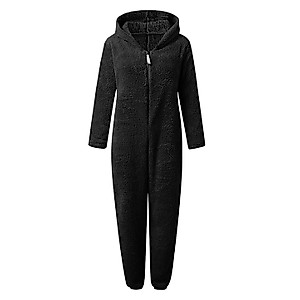 chouyatou Women's Ultra Comfy Lounge Furry Sherpa Romper Onesie Pajamas Cute Ear Hood (Large, Black)