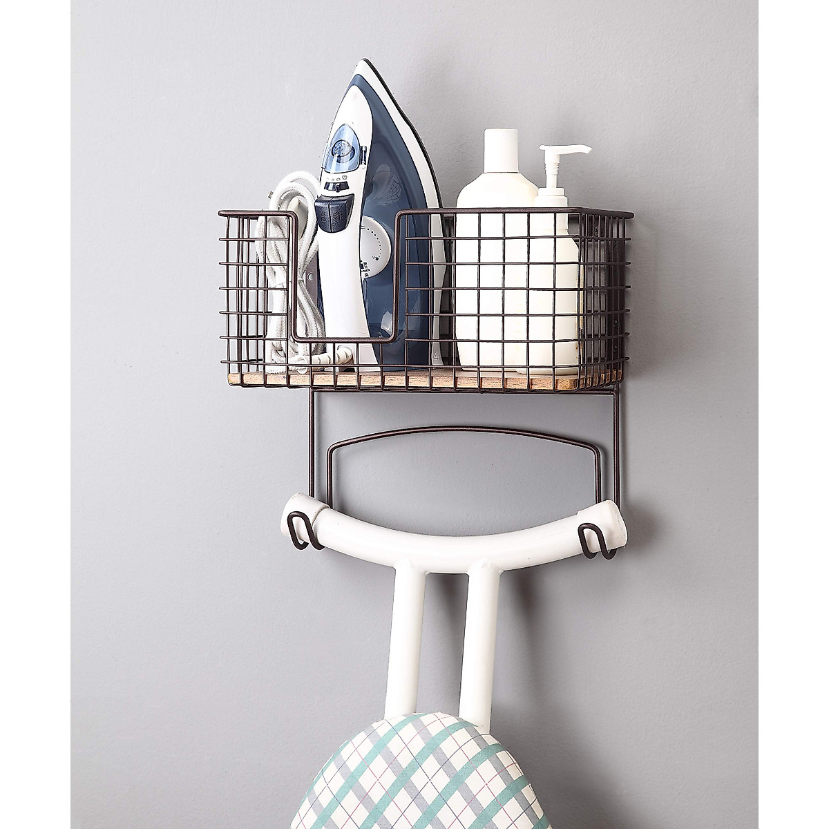 SunnyPoint Metal Wall Mount/Over The Door Ironing Board Holder with Large Storage Basket (ORB, 12" X 7" X 5.5" (Basket Size))