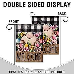 Artofy Welcome Easter Bunny Rabbit Small Decorative Garden Flag, Egg Flowers Farmhouse Yard Lawn Outside Decor, Spring Buffalo Plaid Check Burlap Outdoor Home Decoration Double Sided 12 x 18