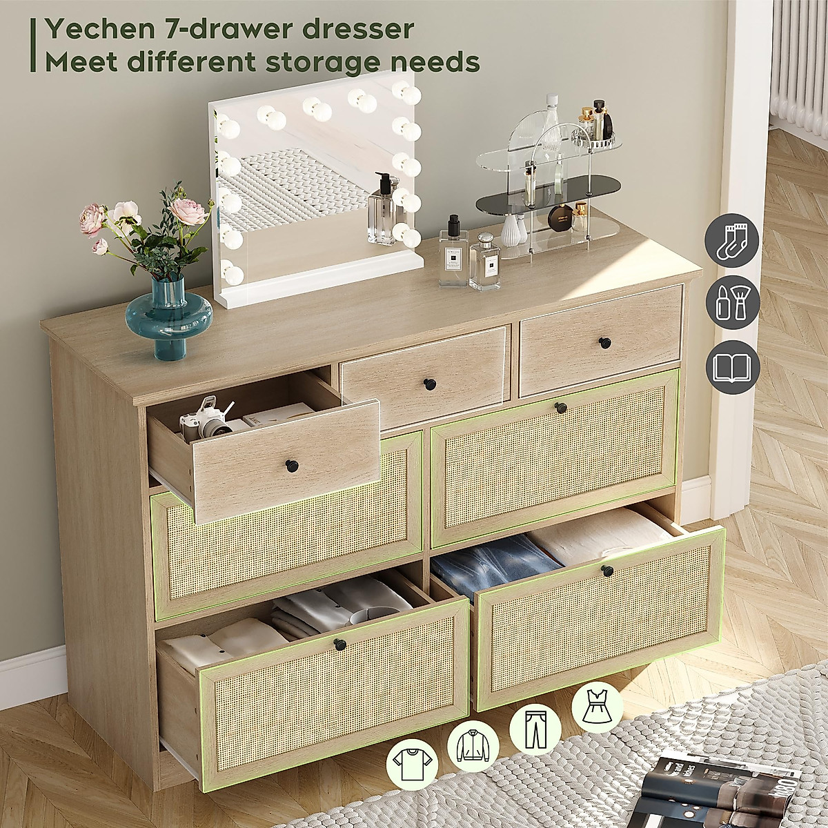 Yechen 7 Drawers Natural Rattan Dresser for Bedroom, Mid-Century Modern Dresser Natural Wood Dressers with Elegant Tabletop, Boho Drawer Dresser TV Stand with Sturdy Base for Living Room, Baby Nursery