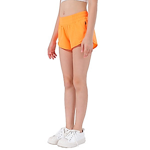 Aurefin Girls Athletic Shorts, Lightweight Running Shorts for Teen Girls Kids Sports Active Shorts with Zip Pocket and Elastic Orange/L
