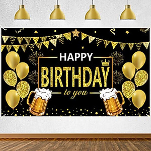Black and Gold Happy Birthday Banner Decorations, Black Gold Happy Birthday Theme Backdrop Party Sign Supplies, 21st 30th 40th 50th 60th 70th 80th Birthday Poster Background Photo Booth Props Decor