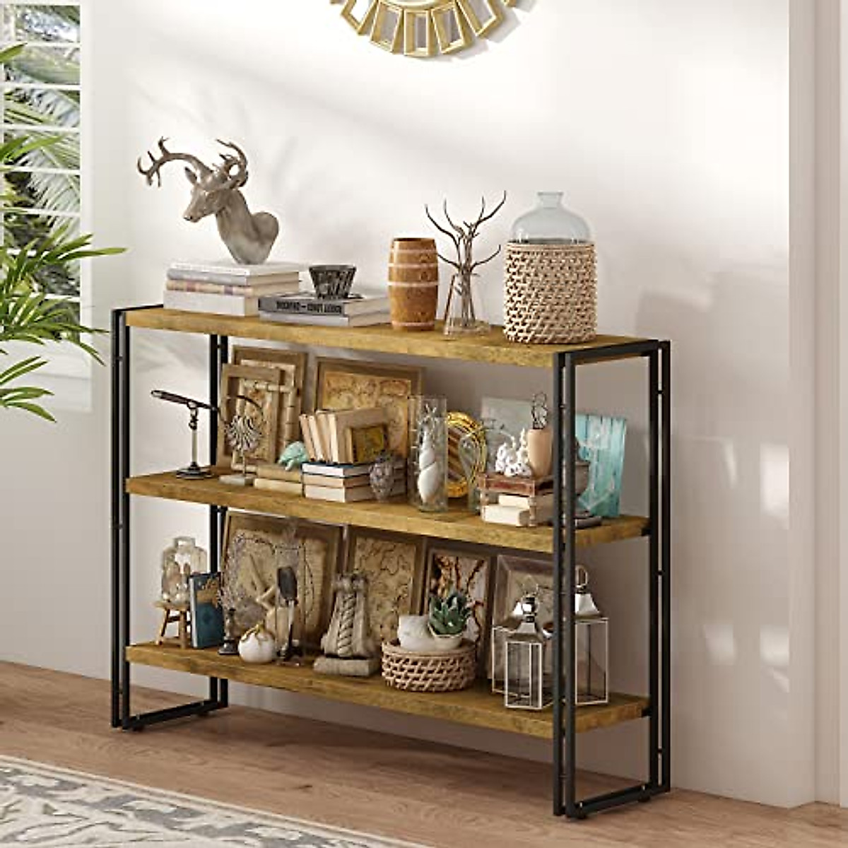 Bookshelf,3-Tier Open Bookcase,Rustic Wood and Metal Industrial Display Book Shelves Home Office,Bedroom Standing Shelf Unit,Horizontal Kitchen Shelf Organizer,Bathroom Storage Rack Mid Century 47in