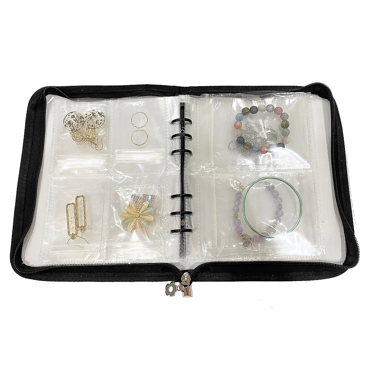 MIAO JIN Transparent Binder Jewelry Storage Book Travel Jewelry Organizer Zipper Bag Portable Pocket Folding For Necklace Earring Ring Postcard Bracelets Brooches (Black70 Grids+60 PVC Bags)