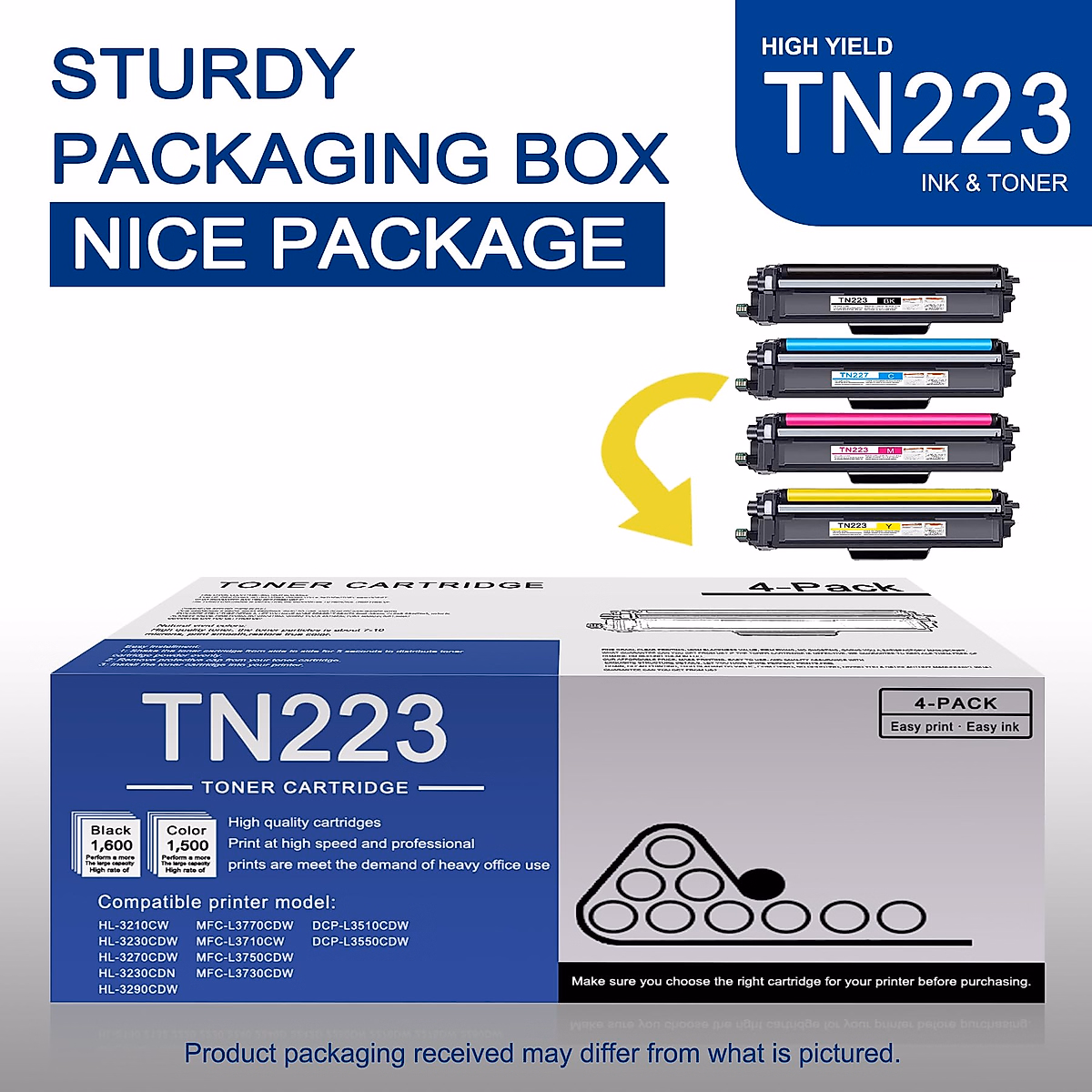 4 Pack TN223 BK/C/M/Y Toner Cartridge High Yield Compatible TN223 Replacement for Brother MFC-L3770CDW L3710CW L3750CDW HL-3210CW 3270CDW 3290CDW DCP-L3510CDW L3550CDW Printer