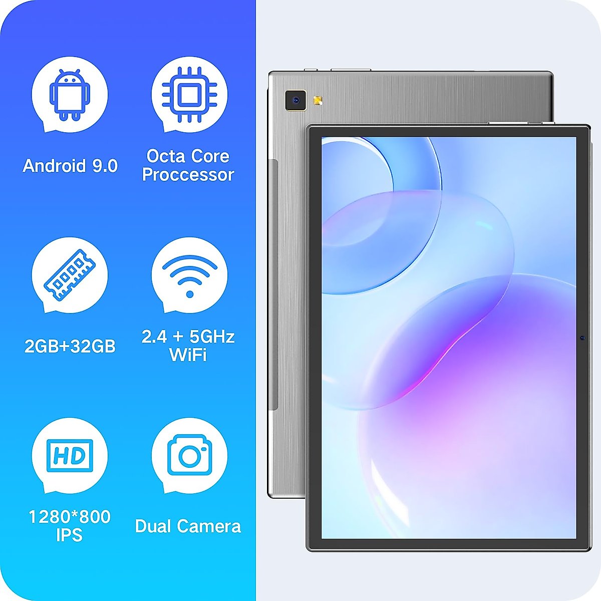 Android Tablet 10 Inch, WiFi Tablets PC with 13MP Dual Cameras, Octa Core Processor 5G Phone tablet, 32GB Storage,1280*800 IPS HD Display, Android 9.0 OS, GMS Certified, 5G WiFi, Bluetooth, GPS -Grey
