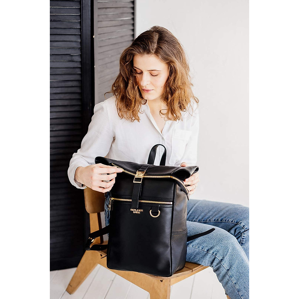 BERLINER BAGS Premium Leather Backpack Harlem, Laptop Bag and Travel Rucksack for Women - Black/Gold