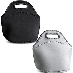 CHENGU 2 Pcs Neoprene Lunch Bag Insulated Thermal Lunch Bag Reusable and Foldable Lunch Bag with Zipper for Women Men Kids Nurse Teacher Work Outdoor Travel Picnic, Soft and Lightweight (Black, Gray)