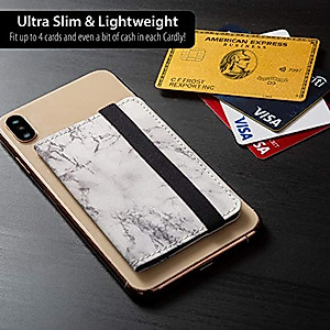Cell Phone Card Holder Stick on Wallet Phone Pocket for iPhone, Android and All Smartphones with Strap (White Marble Belt)