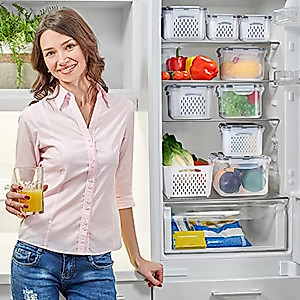 Potchen 6 Pieces Fruit Storage Containers for Fridge Produce Saver Containers with Drain Baskets Fridge Organizers with Airtight Lid Fruit Vegetable Storage Containers Organizer for Refrigerator