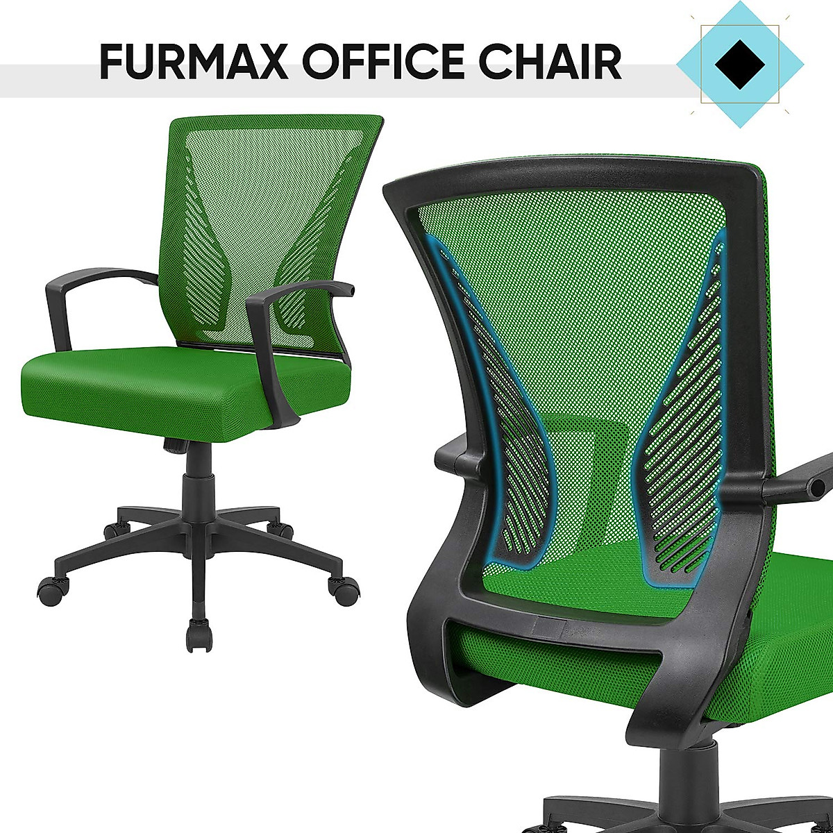 Furmax Office Chair Mid Back Swivel Lumbar Support Desk Chair, Computer Ergonomic Mesh Chair with Armrest (Green)