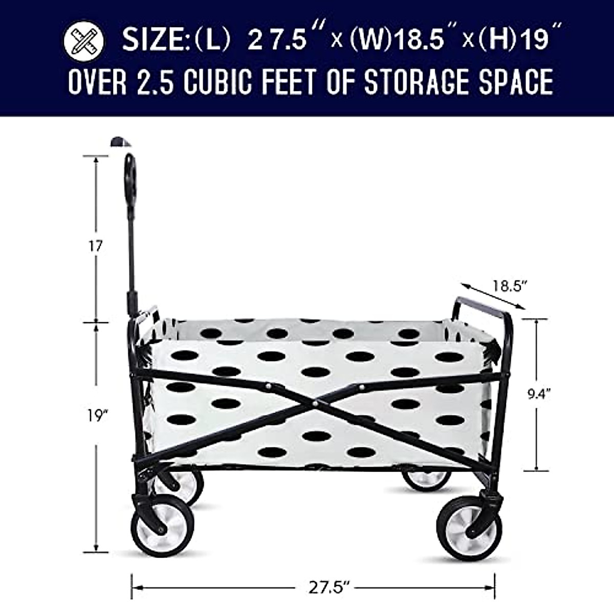 Collapsible Wagon Cart Seamless White with Black dot Decorative Good for Printing Foldable Utility Wagon Large Capacity Garden Cart with Push Bar for Beach Camp Outdoor Shopping