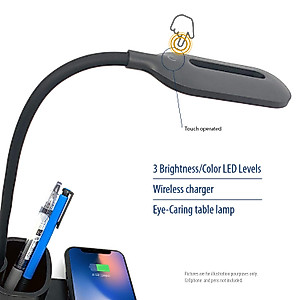 Deke Home 3 Brightness Level Dimmable LED Desk Wireless Charger Lamp with Pen Holder, Eye-Caring Table Lamps, Table Lights,3 Color, Wireless Charging, Flexible Rotation Touch Control Kids Night Light