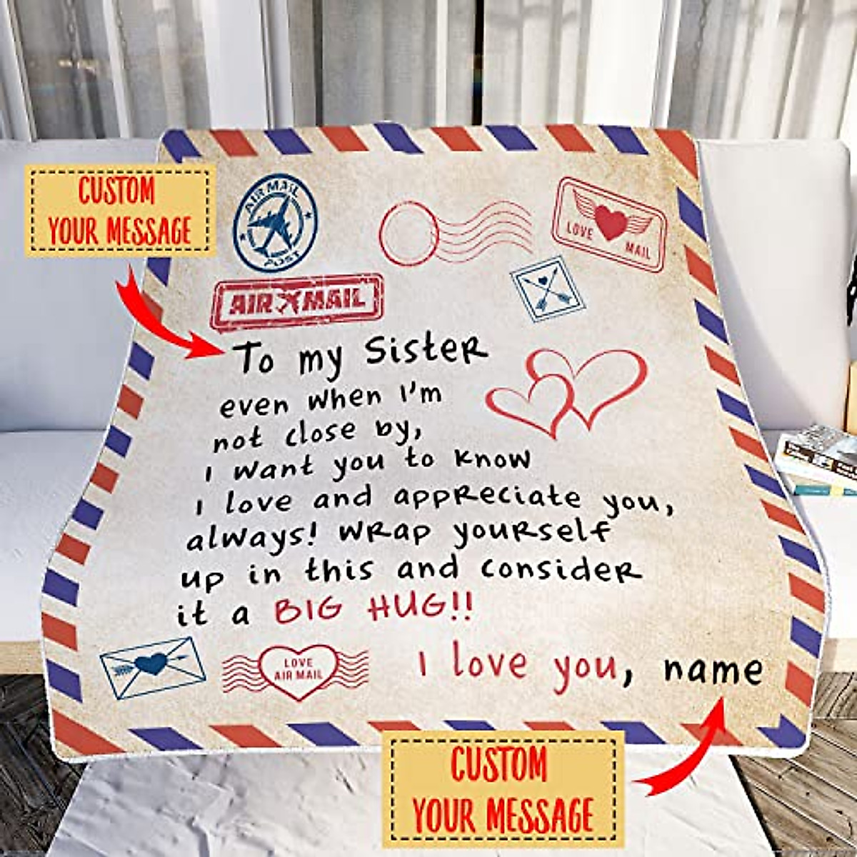 Personalized Air Mail Letter to My Sister Throw Blanket, Gift to My Big Sister from Little Brother,Customized Name,Gift to My Sister Blanket from Brother,Custom Blanket for Birthday, Christmas