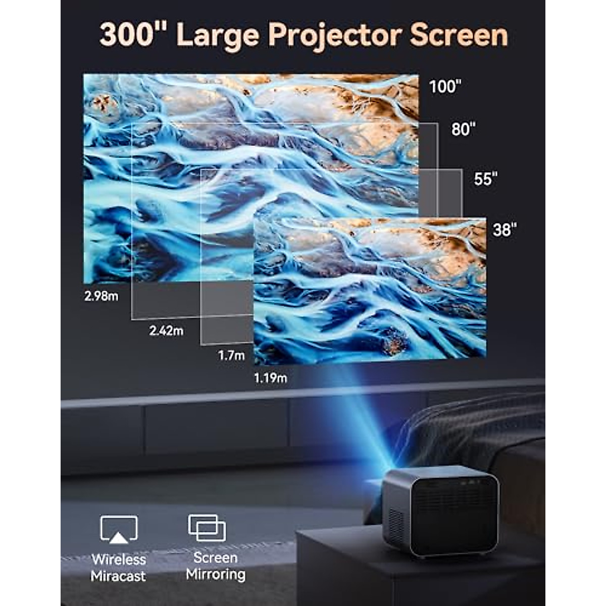 Projector 4K with WiFi and Bluetooth, SUREWHEEL Auto Focus 20000Lumens 800ANSI Outdoor Movie Projector, Native 1080P Portable Projector, 50% Zoom Home Theater Proyector for iOS/Android/TV Srick/PC