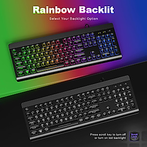 Meidosa Backlit Keyboard Wired Large Print, Computer Keyboard with Rainbow Illuminated LED, USB Keyboard with Numeric Keypad and Media Hotkey for Windows PC Laptop
