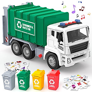 Moritakk 15.5" Large Garbage Truck Toys for 3 4 5 6 7 8 Year Old Boys,Back Dump Garbage Recycling Garbage Truck Toy with 4 Rear Loader Trash Cans,Christmas Birthday Sound Gift for Kids 3+