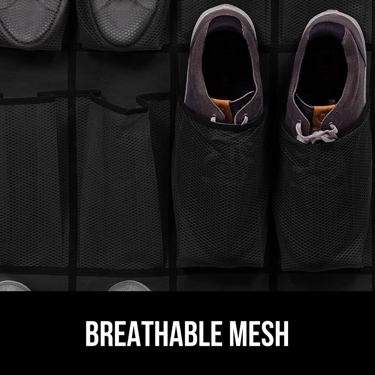 Gorilla Grip Shoe Holder Rack for Over the Door, 24 Mesh Pockets Hold up to 40 Pounds, Back of Closet Organizer, Behind Door Hanger, Nonslip Holders, Shoes, Sneakers and Home Accessories, Black
