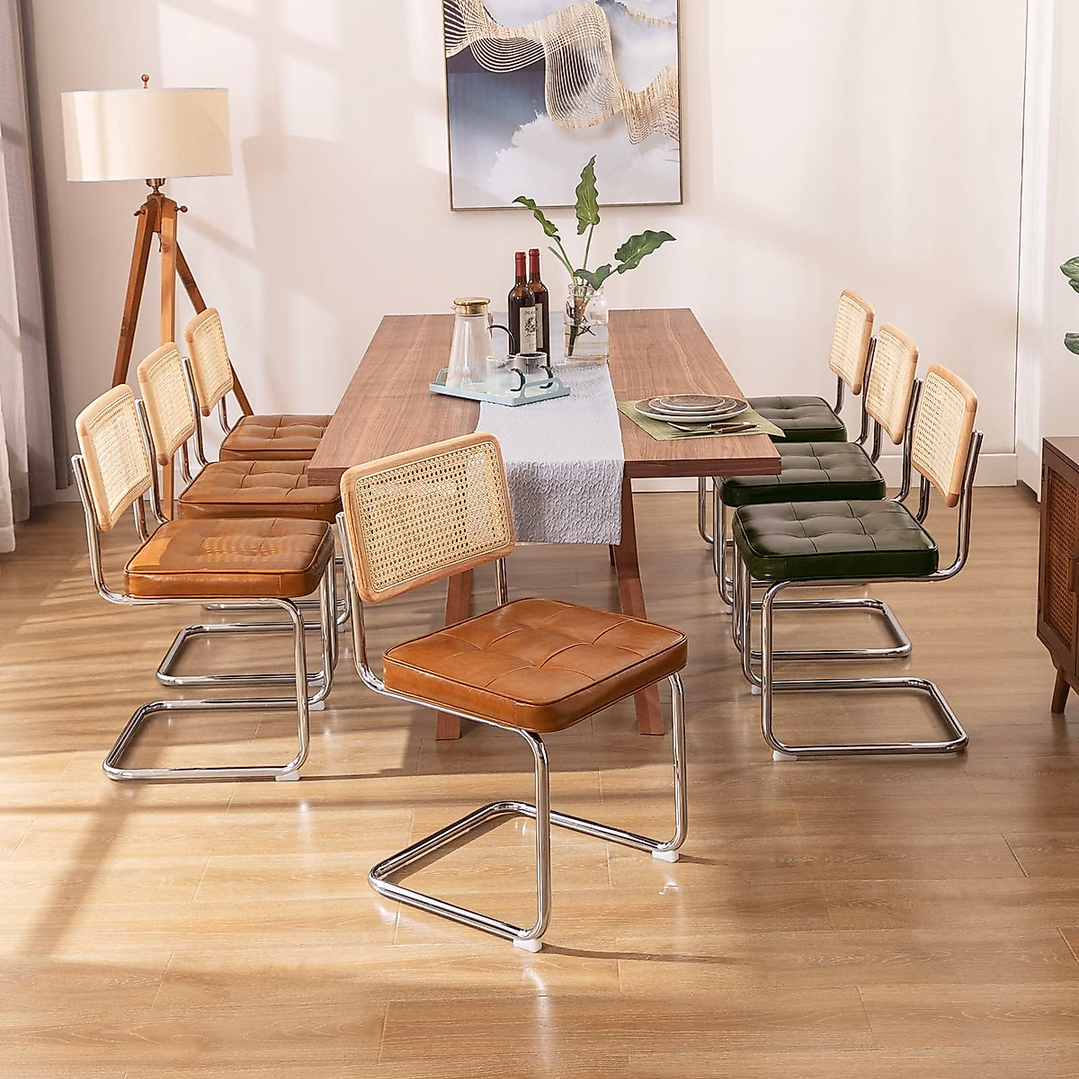 Zesthouse Natural Rattan Dining Chairs Set of 2, Modern Dining Room Chairs with Solid Wood Back for Kitchen Living Room, Mid Century Breuer Design Inspired, Upholstered Faux Leather Brown