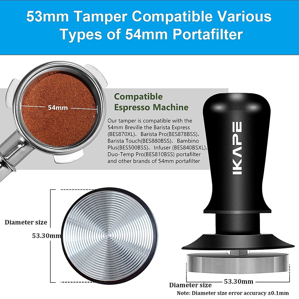 IKAPE 53.3mm Espresso Tamper, Premium Barista Coffee Tamper with Calibrated Spring Loaded, 100% Flat Stainless Steel Base Tamper Fits for Breville Series 54mm Portafilter Basket