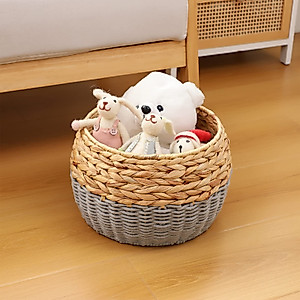 YAHUAN Round Woven Water Hyacinth Storage Basket - Cotton Rope Wicker Decorative Basket for Organizing Blankets - Living Room Bathroom (Grey)