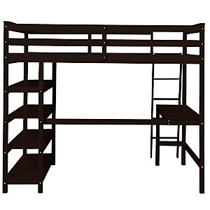 DEYOBED Full Size Wooden Loft Bed Frame with Under-Bed Desk and 4-Tier Storage Shelves - Stylish and Practical Furniture for Enhanced Bedroom Organization