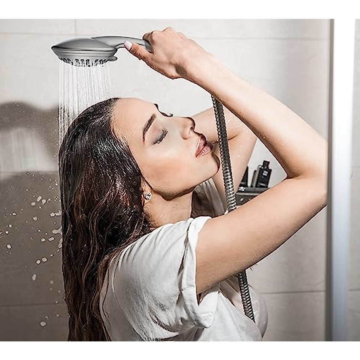 G-Promise High Pressure Shower Head 6 Spray Setting Hand Held Shower Heads with Adjustable Solid Brass Shower Arm Mount Extra Long Flexible Stainless Steel Hose(Brushed Nickel)