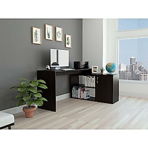 DUNTRKDU L Shaped Desk, 60 Inch Gaming Desk with Storage Shelves, Modern Computer Desk, Black, 45.9*59.6*30.1 Inches