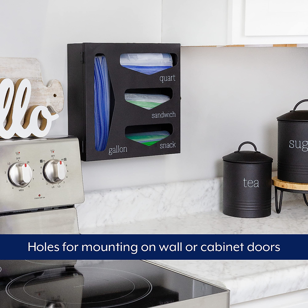 AuldHome Design Enamelware Kitchen Bag Organizer (Black), Farmhouse Style Holder Compatible w/Zipper Seal Kitchen Storage