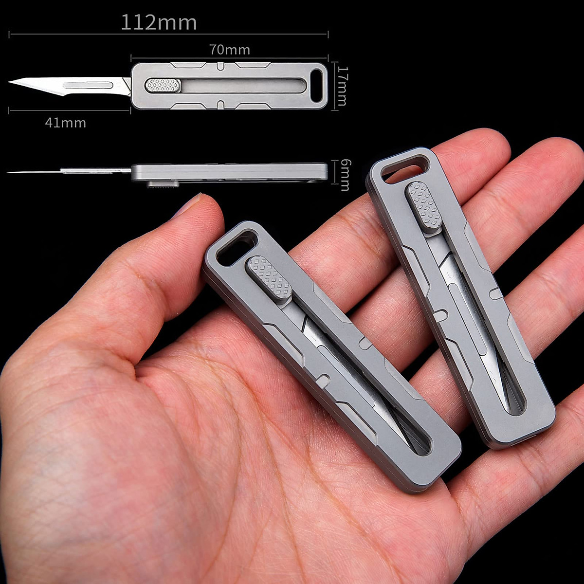 ainhue A275 Mini Retractable Utility Box Cutter Knife, 10pcs 11# Scalpel Blades, 2.75 inches TC4 Titanium Handle, Small Little Pocket EDC Cutting Tool Keychain Knives