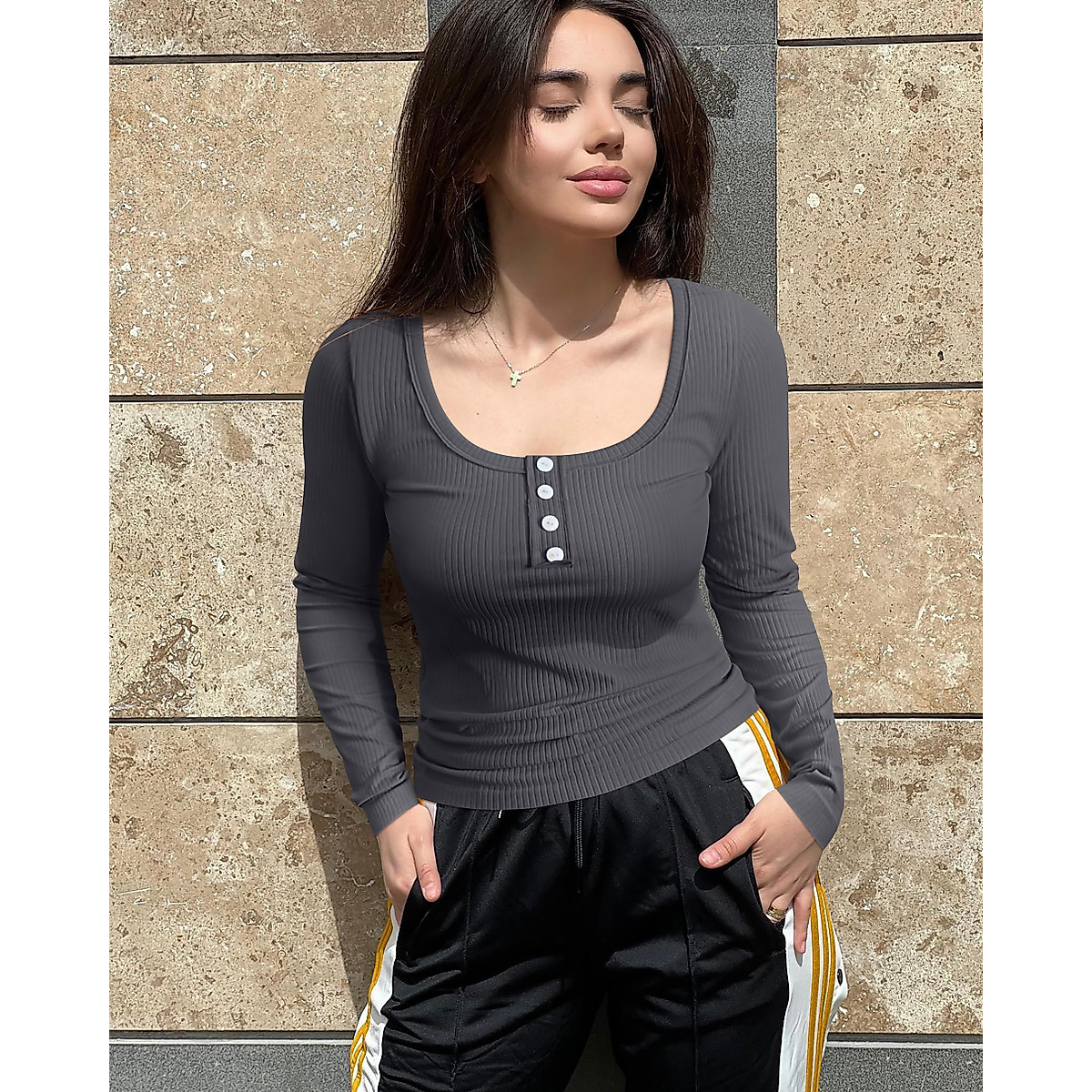 OQQ Women's 2 Piece Long Sleeve Seamless Ribbed Button Stretch Shirt, Darkgrey,avocado Green, Large