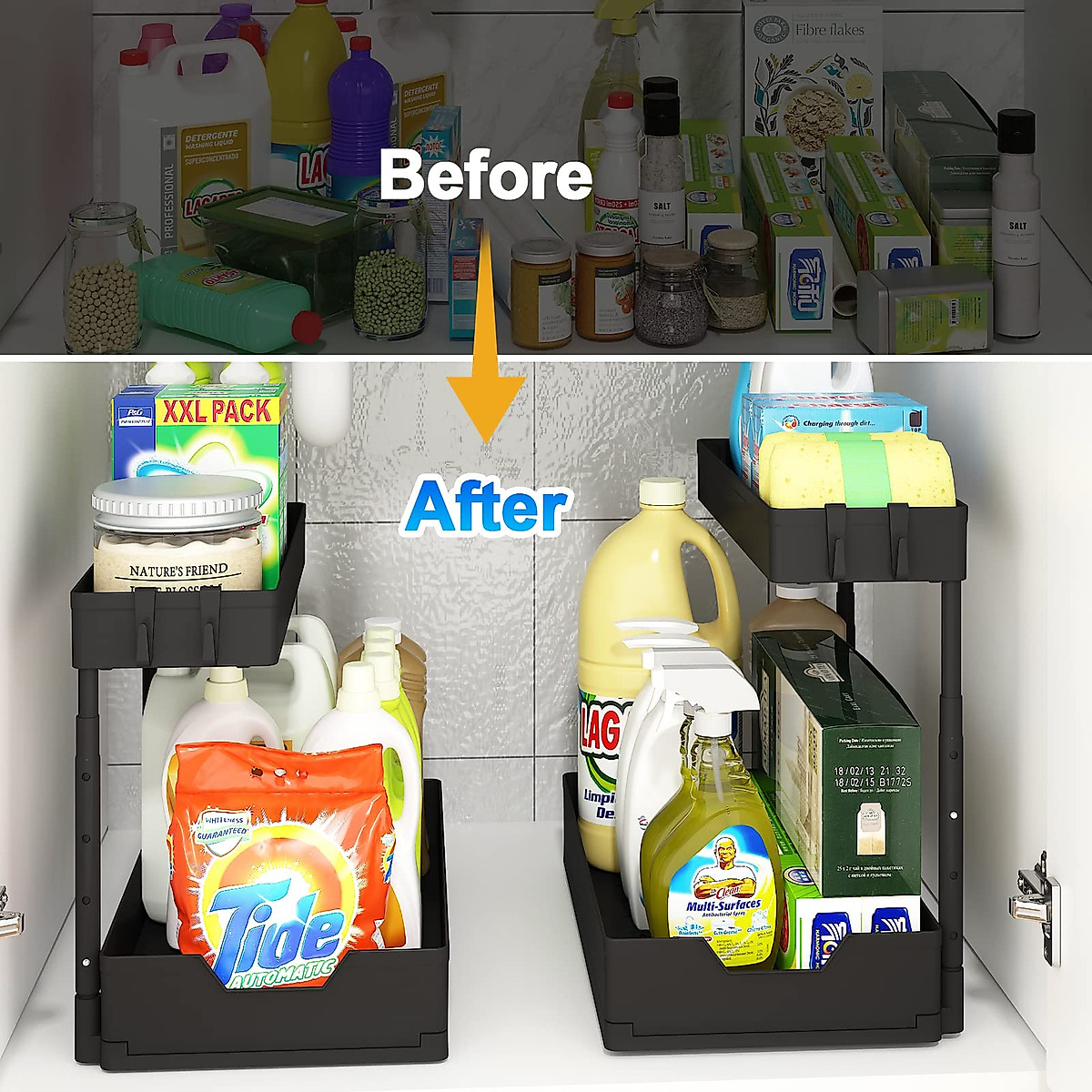 FOLLOWIN Adjustable Height Under Sink Organizers and Storage 2 Pack,Pull Out Under Kitchen Sink Organizer,2 Tier Multi-use Under Bathroom Sink Sliding Organizer