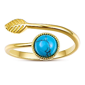 AVECON 14k Gold Plated Turquoise Feather Ring 925 Sterling Silver Adjustable Open Tree Leaf Bands Ring for Women