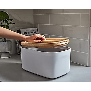 Sonder Los Angeles, Modern Bamboo Fiber (White) Bread Box for Kitchen Countertop with Reversible Wood Serving Lid, Homemade Bread Storage 14.25 x 9.25 x 7in, Storage Bin and Bread Container