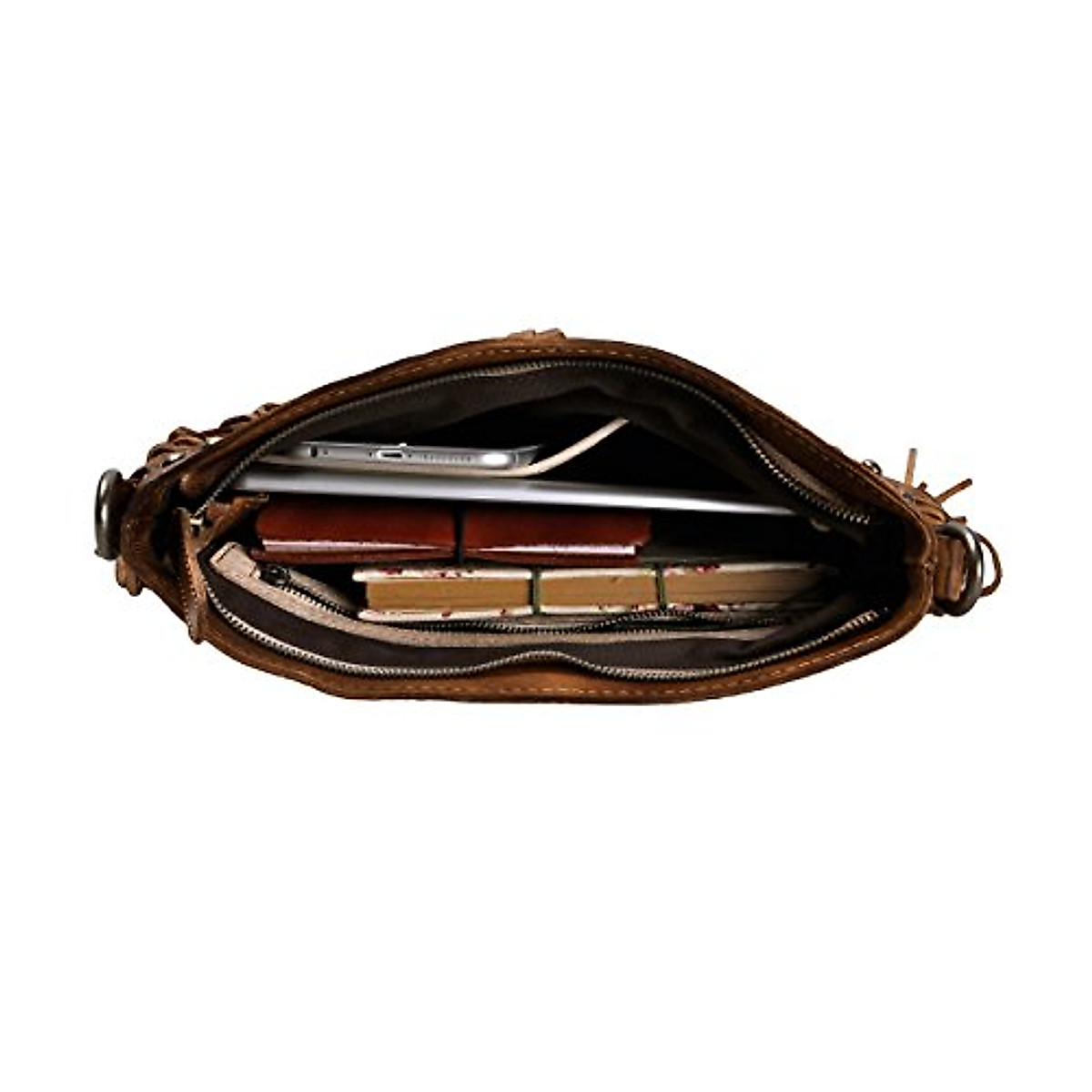 ZLYC Women Handmade Dip Dye Leather Fringe Bohemian Tassel Bag Studed Cross Body Bag, Brown