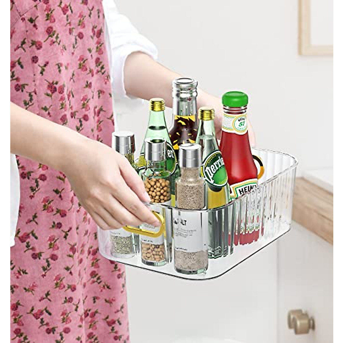 FATMOON Set of 3 Clear Pantry Organizer Bins, Stackable Plastic Food Storage Basket with Handle for Organizers Kitchen Refrigerator Fridge Bathrooms Countertops