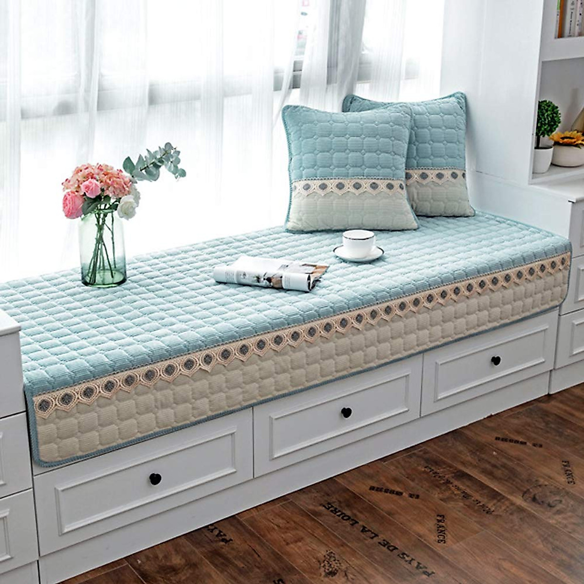 JeogYong Bay Window Cushion Seat Indoor, Farmhouse Window Seat Cushions Indoor for Bedroom, Non Slip Pads/Bay Window Sill Bench Cushions, 27.55 x 59.05 inches, Sky Blue