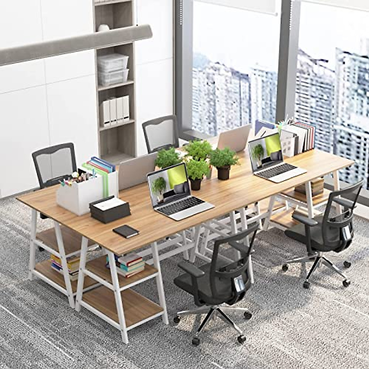 Trestle Desk with 2 Shelves, Soges 47 inches Reversible Storage Desk, Home Office Computer Desk Workstation, Wooden School Desks for Teachers Students, Middle Shelf Removable for CPU Storage