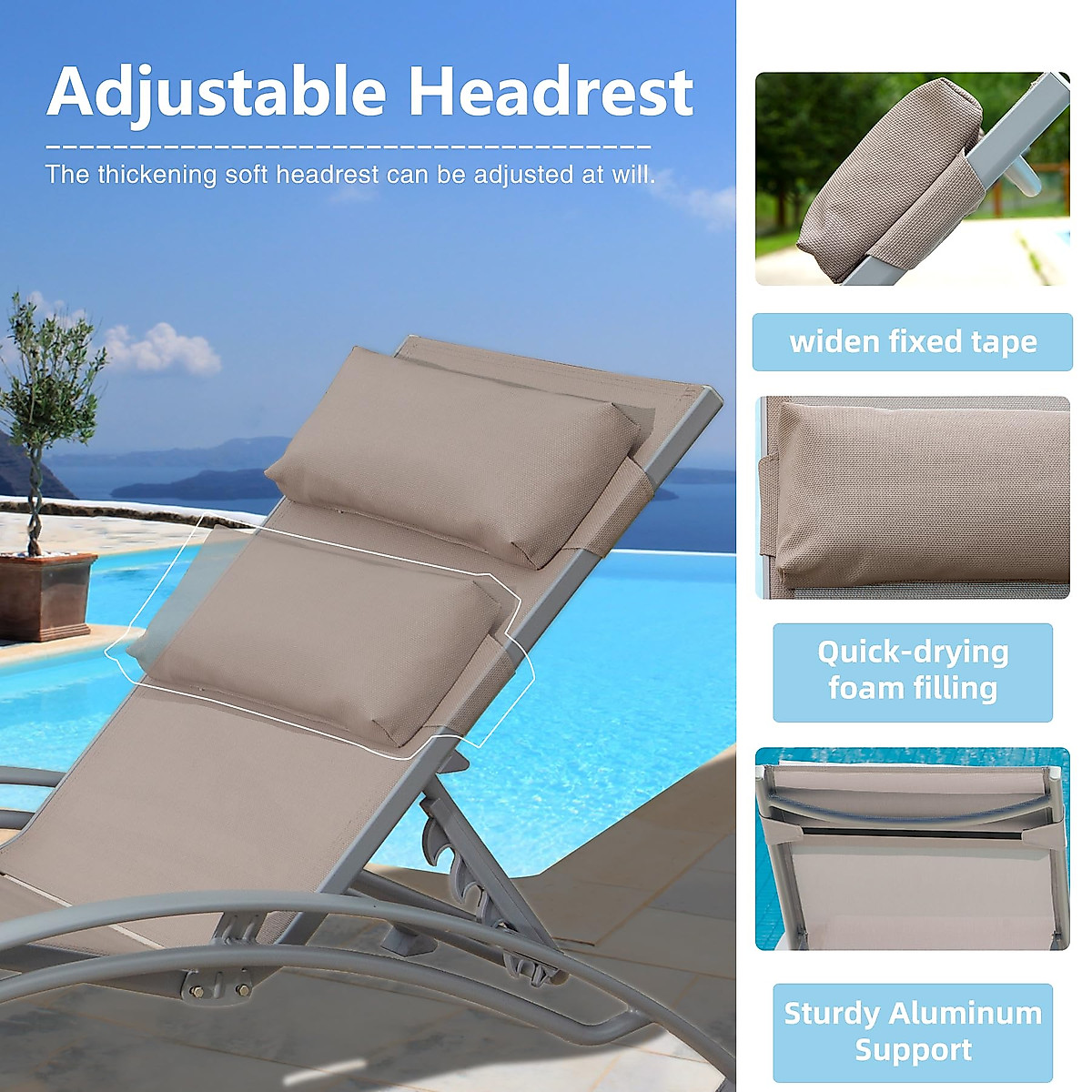 Domi Pool Lounge Chairs Set of 3,Aluminum Adjustable Outdoor Chaise Lounge with Side Table,All Weather Poolside Chairs for Deck Lawn Poolside, Textilene (Khaki)