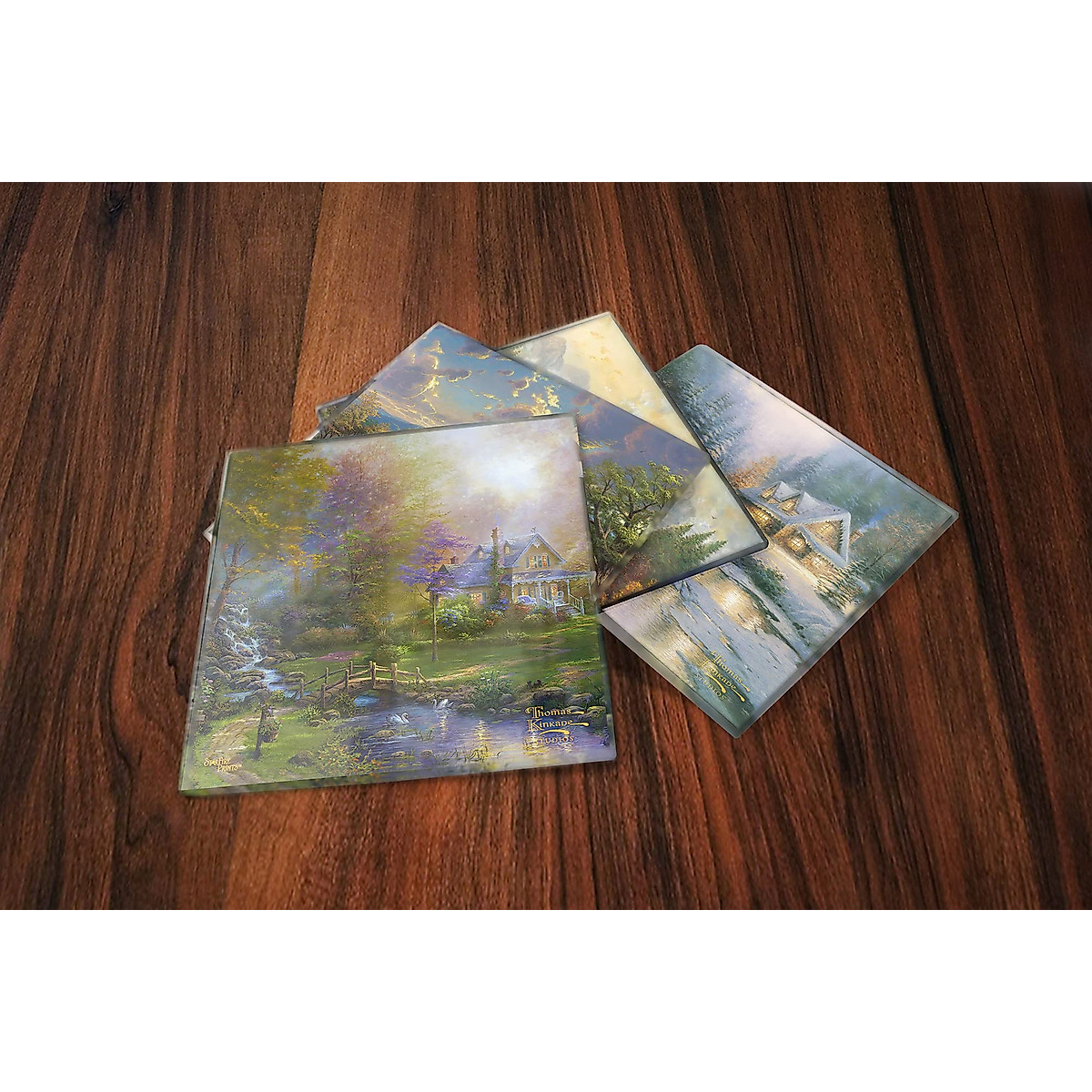 Thomas Kinkade - Seasons Scenes – Summer Spring Winter Fall - Set of Four 4” x 4” Glass Coasters - Comes with Stylish Modern Wooden Coaster – for Gifting and Collecting