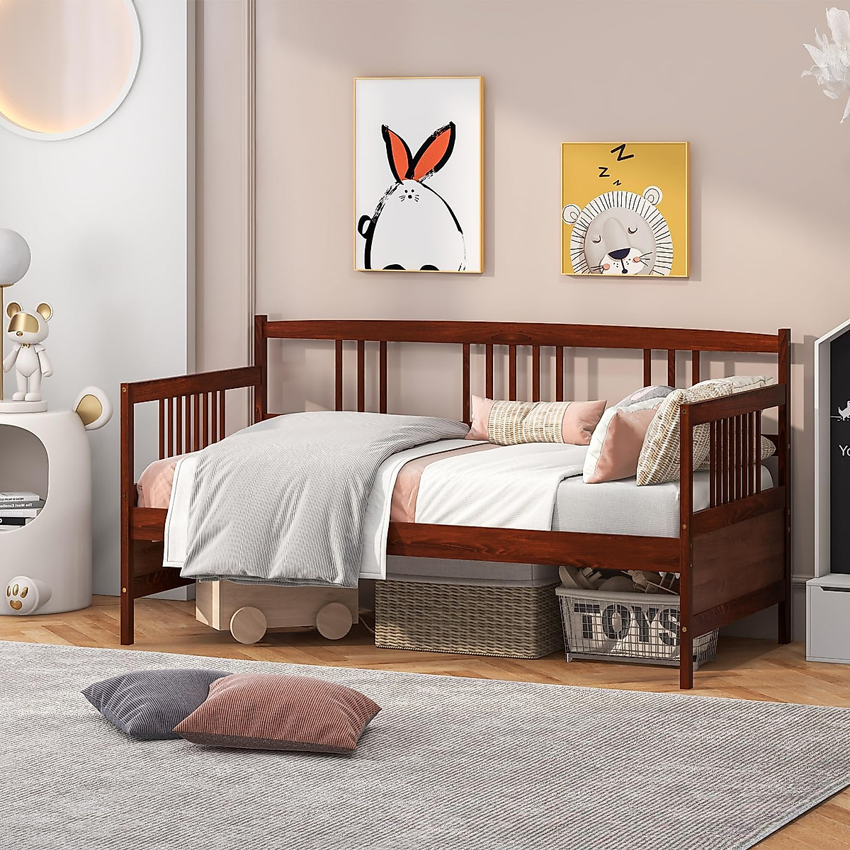 Giantex Twin Daybed Frame, Wooden Sofa Bed Guest Bed with Rails & Wood Slat Support, Dual-use Twin Size Platform Bed Frame for Living Room Bedroom, No Box Spring Needed, Cherry