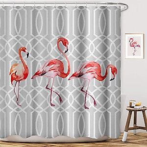 BROSHAN Flamingo Shower Curtains for Bathroom, Elegant Pink Bird Animal Geometric Art Decor Shower Curtain Gray and White 72x72 Inch, Modern Fabric Bathroom Decor Shower Curtain Set