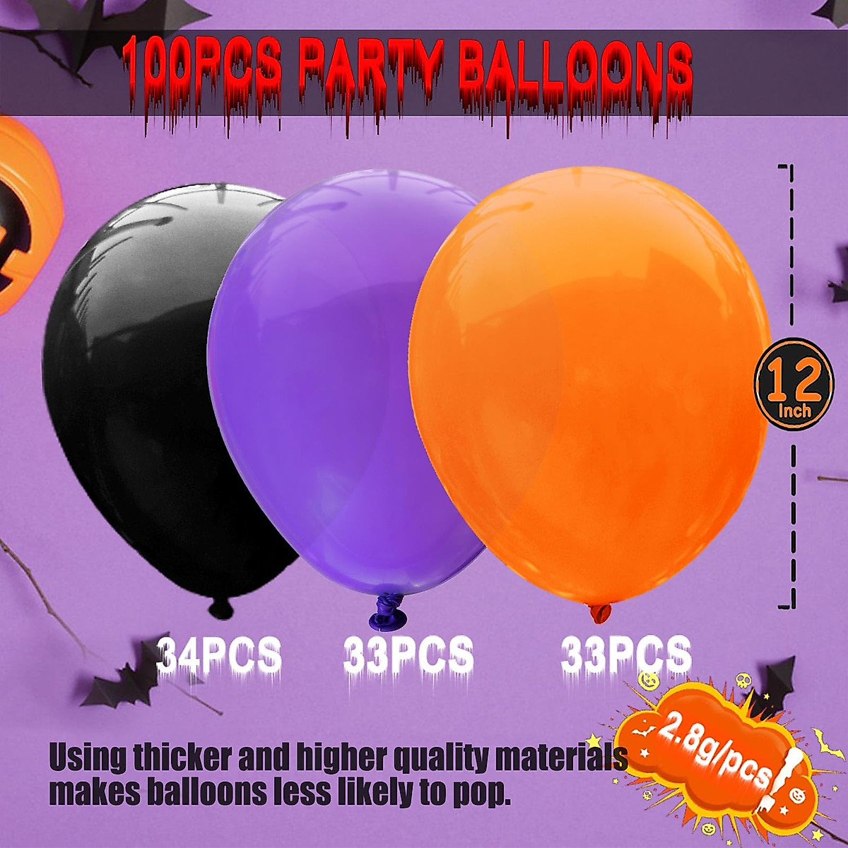 100pcs 12 inch Halloween Party Balloons (Black Orange Purple Balloons). EUFARS Thicken Latex Matte Balloons for Halloween Balloon Arch Birthday Party Decorations