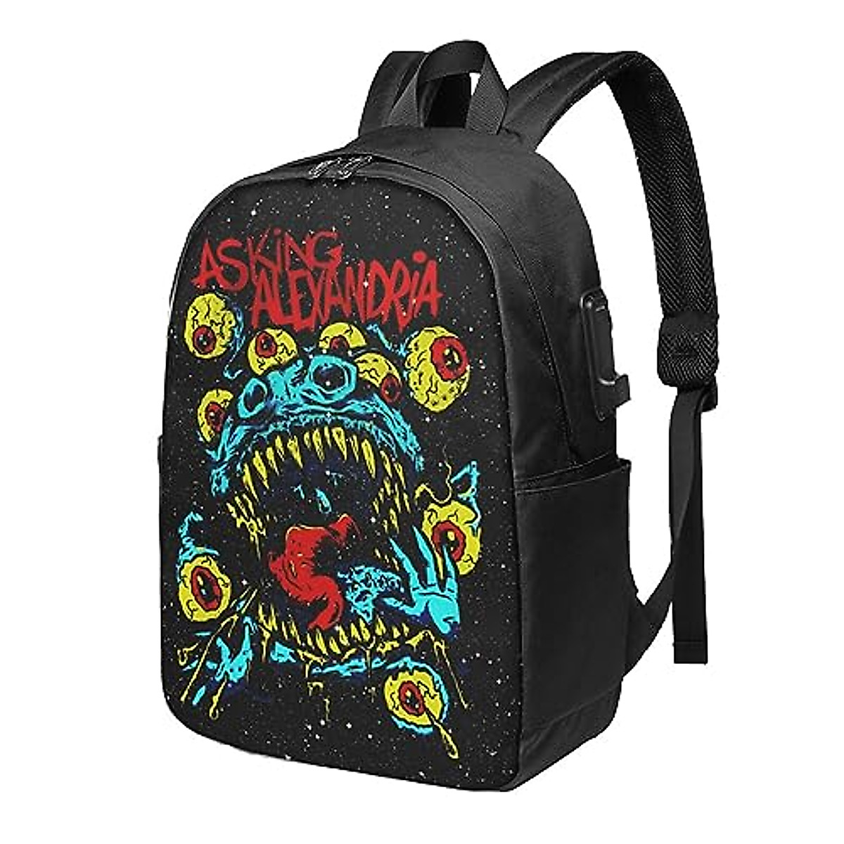 Qcosjeem Asking Rock Band Alexandria Backpack,unisex casual book bags,external usb interface,earphone cable interface,label.traveling backpack suitable for laptop Fashion usb Backpack