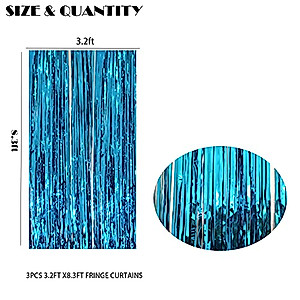3 Pack 3.2ft x 8.2ft Light Blue Metallic Tinsel Curtains Summer Under The Sea Party Photo Backdrop Foil Fringe Curtains Photo Booth Props for Birthday Party,Bridal Shower,Ocean Party Decorations